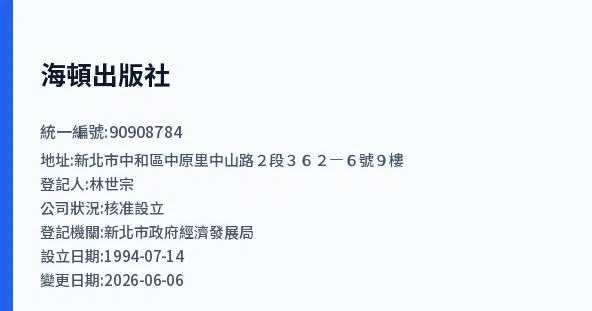 海頓出版社的照片-統編 90908784(新北市) 公司登記資料與營業項目詳細圖表