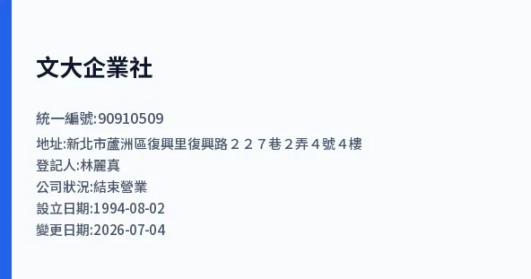文大企業社的照片-統編 90910509(新北市) 公司登記資料與營業項目詳細圖表