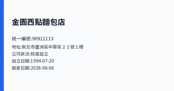 金園西點麵包店的照片-統編 90911113(新北市) 公司登記資料與營業項目詳細圖表