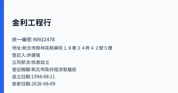 金利工程行的照片-統編 90922478(新北市) 公司登記資料與營業項目詳細圖表