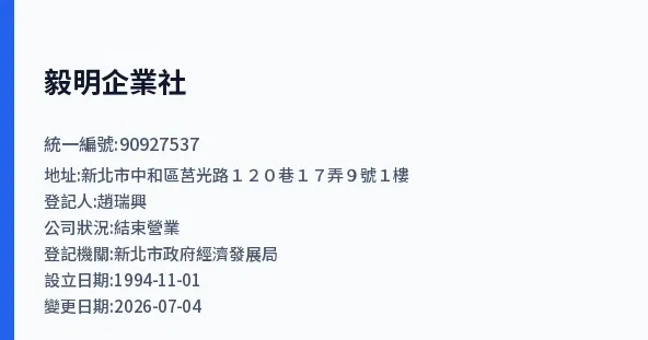 毅明企業社的照片-統編 90927537(新北市) 公司登記資料與營業項目詳細圖表