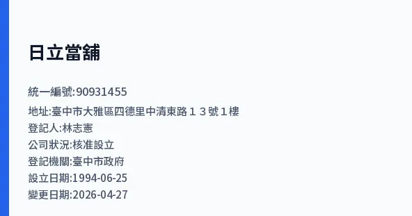 日立當舖的照片-統編 90931455(臺中市) 公司登記資料與營業項目詳細圖表