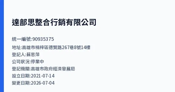達部思整合行銷有限公司的照片-統編 90935375(高雄市) 公司登記資料與營業項目詳細圖表