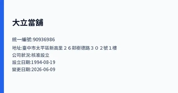 大立當舖的照片-統編 90936986(臺中市) 公司登記資料與營業項目詳細圖表
