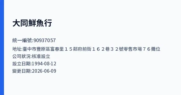 大同鮮魚行的照片-統編 90937057(臺中市) 公司登記資料與營業項目詳細圖表