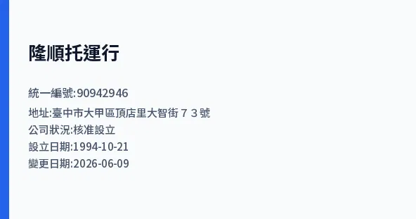 隆順托運行的照片-統編 90942946(臺中市) 公司登記資料與營業項目詳細圖表