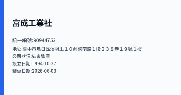 富成工業社的照片-統編 90944753(臺中市) 公司登記資料與營業項目詳細圖表