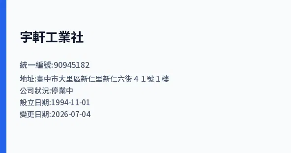 宇軒工業社的照片-統編 90945182(臺中市) 公司登記資料與營業項目詳細圖表