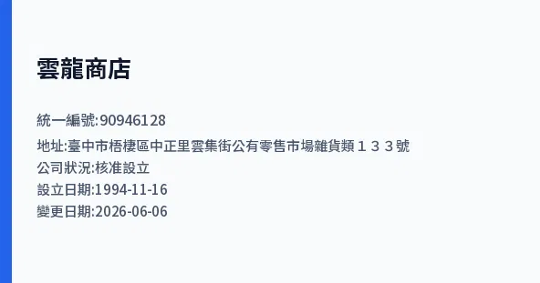 雲龍商店的照片-統編 90946128(臺中市) 公司登記資料與營業項目詳細圖表