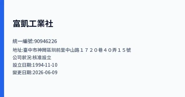 富凱工業社的照片-統編 90946226(臺中市) 公司登記資料與營業項目詳細圖表