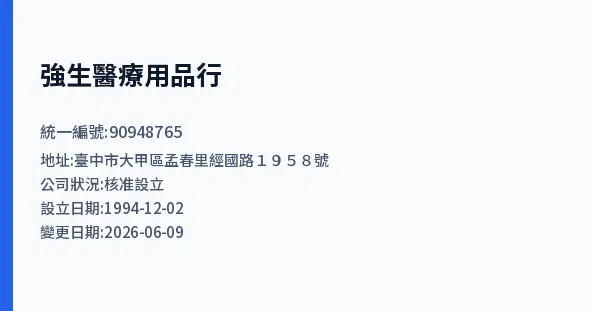 強生醫療用品行的照片-統編 90948765(臺中市) 公司登記資料與營業項目詳細圖表
