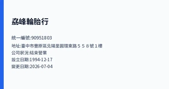 劦峰輪胎行的照片-統編 90951803(臺中市) 公司登記資料與營業項目詳細圖表