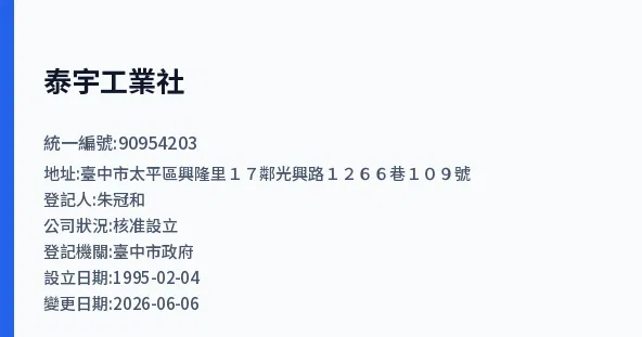 泰宇工業社的照片-統編 90954203(臺中市) 公司登記資料與營業項目詳細圖表