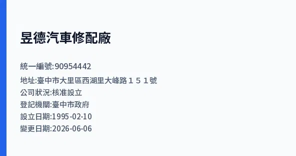 昱德汽車修配廠的照片-統編 90954442(臺中市) 公司登記資料與營業項目詳細圖表
