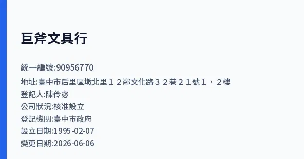 巨斧文具行的照片-統編 90956770(臺中市) 公司登記資料與營業項目詳細圖表