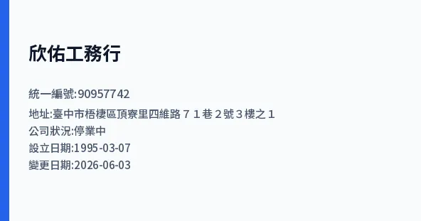 欣佑工務行的照片-統編 90957742(臺中市) 公司登記資料與營業項目詳細圖表