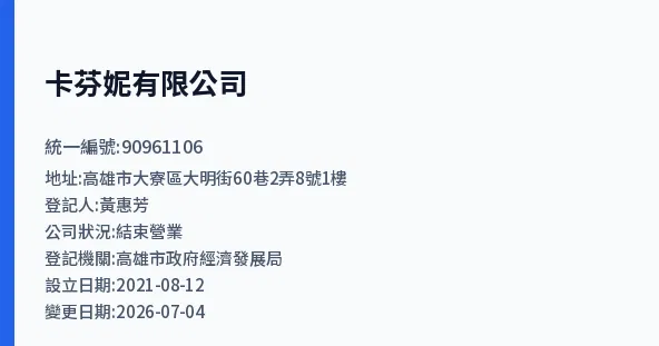 卡芬妮有限公司的照片-統編 90961106(高雄市) 公司登記資料與營業項目詳細圖表