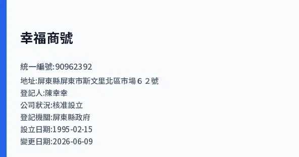 幸福商號的照片-統編 90962392(屏東縣) 公司登記資料與營業項目詳細圖表