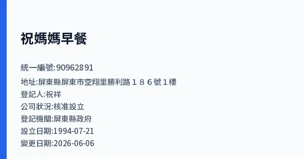 祝媽媽早餐的照片-統編 90962891(屏東縣) 公司登記資料與營業項目詳細圖表
