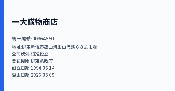 一大購物商店的照片-統編 90964650(屏東縣) 公司登記資料與營業項目詳細圖表