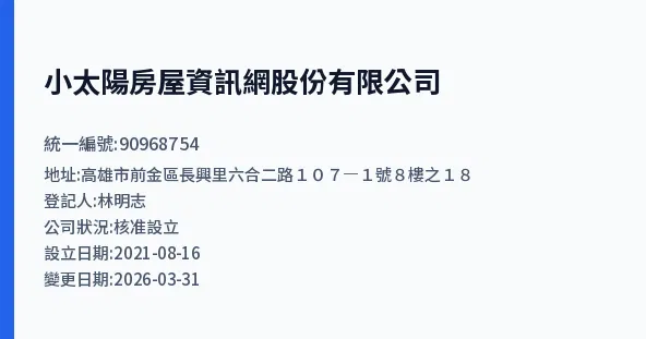 小太陽房屋資訊網股份有限公司的照片-統編 90968754(高雄市) 公司登記資料與營業項目詳細圖表