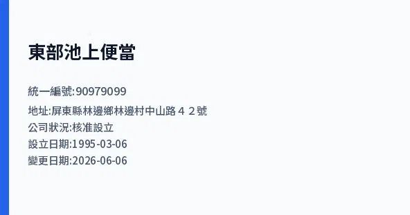 東部池上便當的照片-統編 90979099(屏東縣) 公司登記資料與營業項目詳細圖表