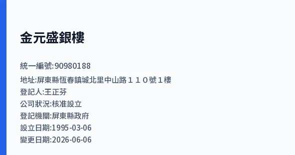 金元盛銀樓的照片-統編 90980188(屏東縣) 公司登記資料與營業項目詳細圖表