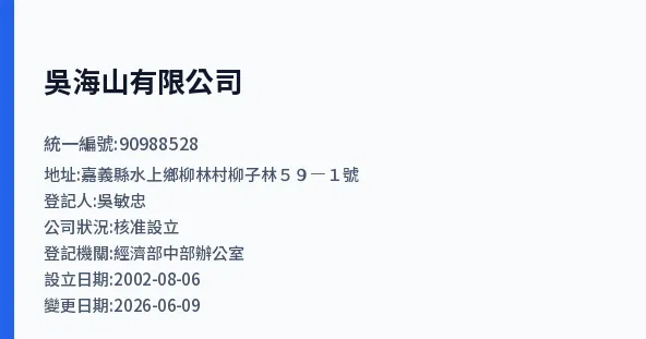 吳海山有限公司的照片-統編 90988528(嘉義縣) 公司登記資料與營業項目詳細圖表
