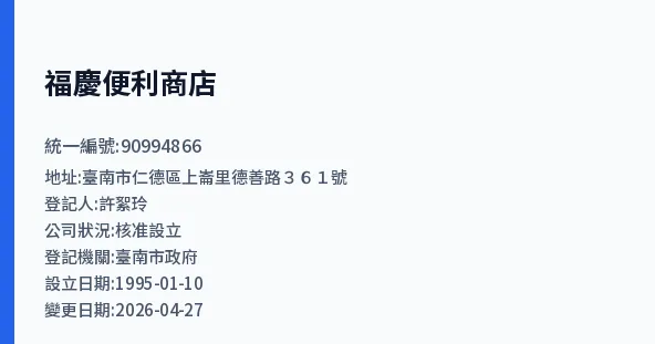 福慶便利商店的照片-統編 90994866(臺南市) 公司登記資料與營業項目詳細圖表