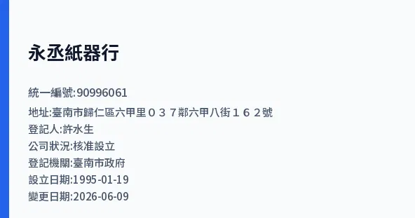永丞紙器行的照片-統編 90996061(臺南市) 公司登記資料與營業項目詳細圖表