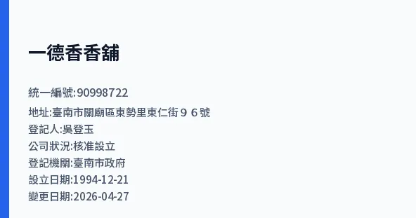 一德香香舖的照片-統編 90998722(臺南市) 公司登記資料與營業項目詳細圖表
