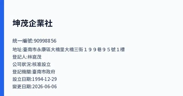 坤茂企業社的照片-統編 90998856(臺南市) 公司登記資料與營業項目詳細圖表