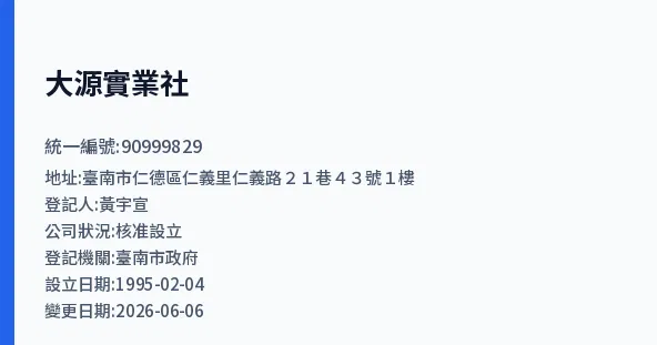 大源實業社的照片-統編 90999829(臺南市) 公司登記資料與營業項目詳細圖表