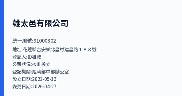 雄太邑有限公司的照片-統編 91000802(花蓮縣) 公司登記資料與營業項目詳細圖表