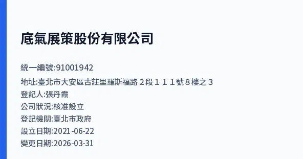 底氣展策股份有限公司的照片-統編 91001942(臺北市) 公司登記資料與營業項目詳細圖表
