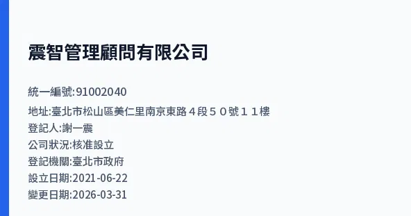 震智管理顧問有限公司的照片-統編 91002040(臺北市) 公司登記資料與營業項目詳細圖表