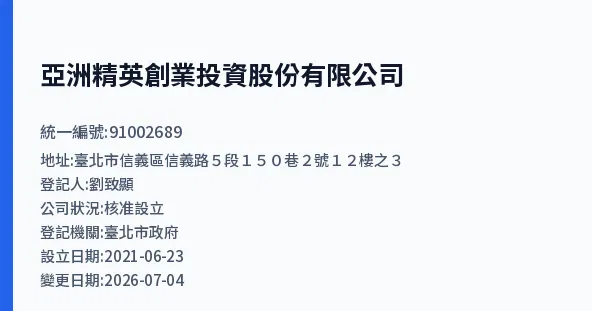 亞洲精英創業投資股份有限公司的照片-統編 91002689(臺北市) 公司登記資料與營業項目詳細圖表