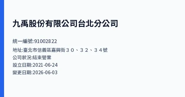 九禹股份有限公司台北分公司的照片-統編 91002822(臺北市) 公司登記資料與營業項目詳細圖表