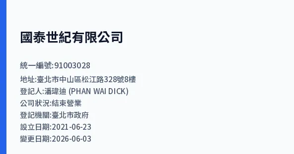 國泰世紀有限公司的照片-統編 91003028(臺北市) 公司登記資料與營業項目詳細圖表
