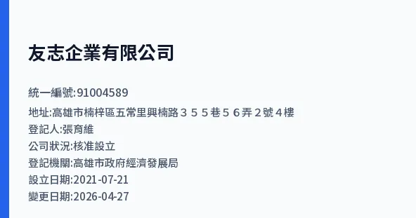 友志企業有限公司的照片-統編 91004589(高雄市) 公司登記資料與營業項目詳細圖表