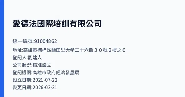 愛德法國際培訓有限公司的照片-統編 91004862(高雄市) 公司登記資料與營業項目詳細圖表
