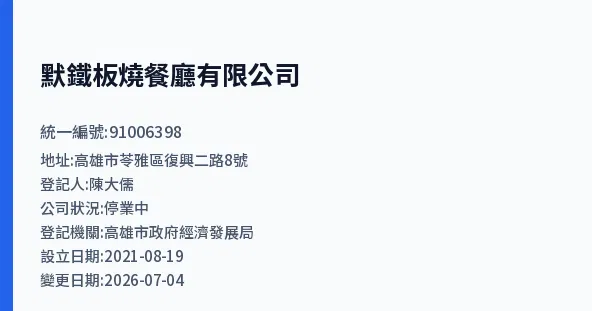 默鐵板燒餐廳有限公司的照片-統編 91006398(高雄市) 公司登記資料與營業項目詳細圖表