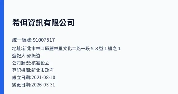 希佴資訊有限公司的照片-統編 91007517(新北市) 公司登記資料與營業項目詳細圖表