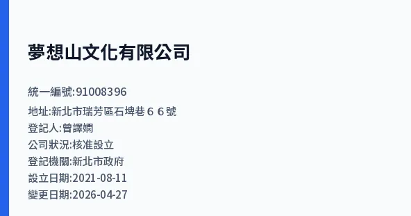 夢想山文化有限公司的照片-統編 91008396(新北市) 公司登記資料與營業項目詳細圖表