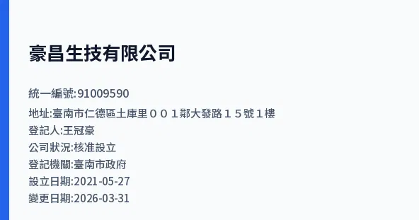 豪昌生技有限公司的照片-統編 91009590(臺南市) 公司登記資料與營業項目詳細圖表