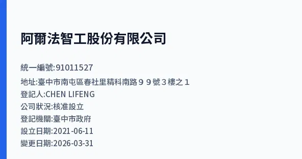 阿爾法智工股份有限公司的照片-統編 91011527(臺中市) 公司登記資料與營業項目詳細圖表