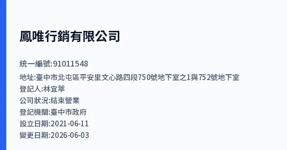 鳳唯行銷有限公司的照片-統編 91011548(臺中市) 公司登記資料與營業項目詳細圖表
