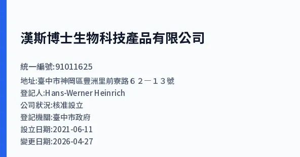 漢斯博士生物科技產品有限公司的照片-統編 91011625(臺中市) 公司登記資料與營業項目詳細圖表