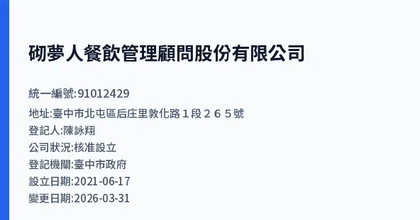 砌夢人餐飲管理顧問股份有限公司的照片-統編 91012429(臺中市) 公司登記資料與營業項目詳細圖表