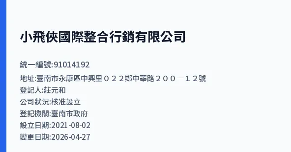 小飛俠國際整合行銷有限公司的照片-統編 91014192(臺南市) 公司登記資料與營業項目詳細圖表